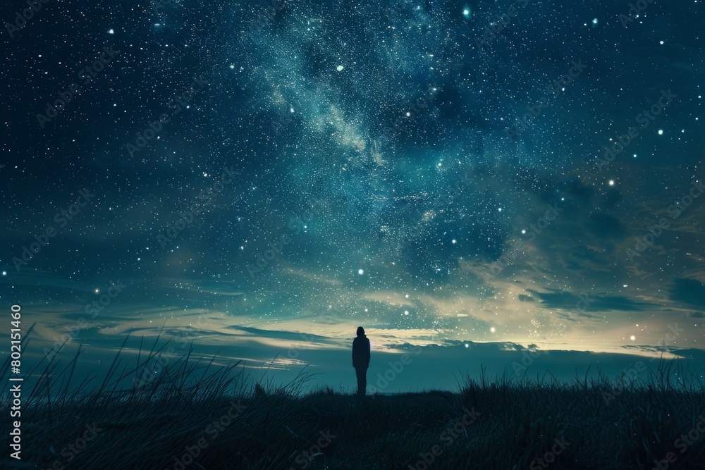 One person standing on a hill, looking up at the starry night sky Stock ...