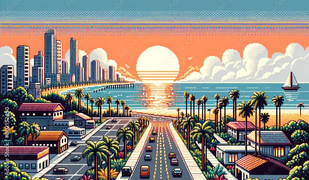 beautiful road side view sunset in the beach retro pixel art ...