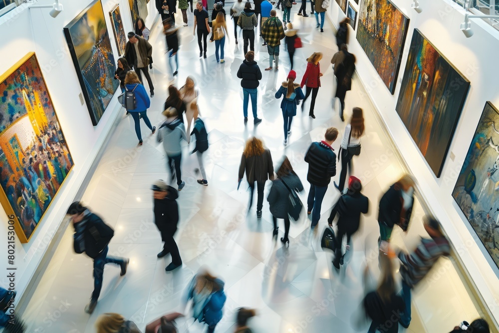 A bustling scene in a museum as a diverse crowd of visitors walk around ...