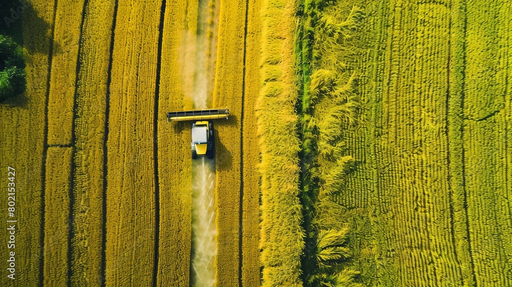 Aerial view of a rice field being harvested by a mechanical rice ...