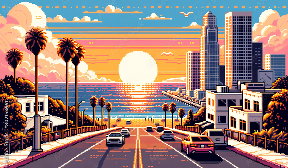 beautiful road side view sunset in the beach retro pixel art ...