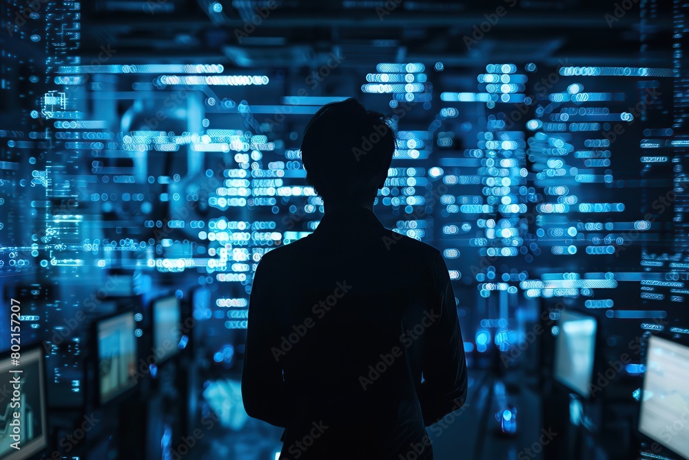 Person silhouette against glowing digital backdrop. Male standing on a ...