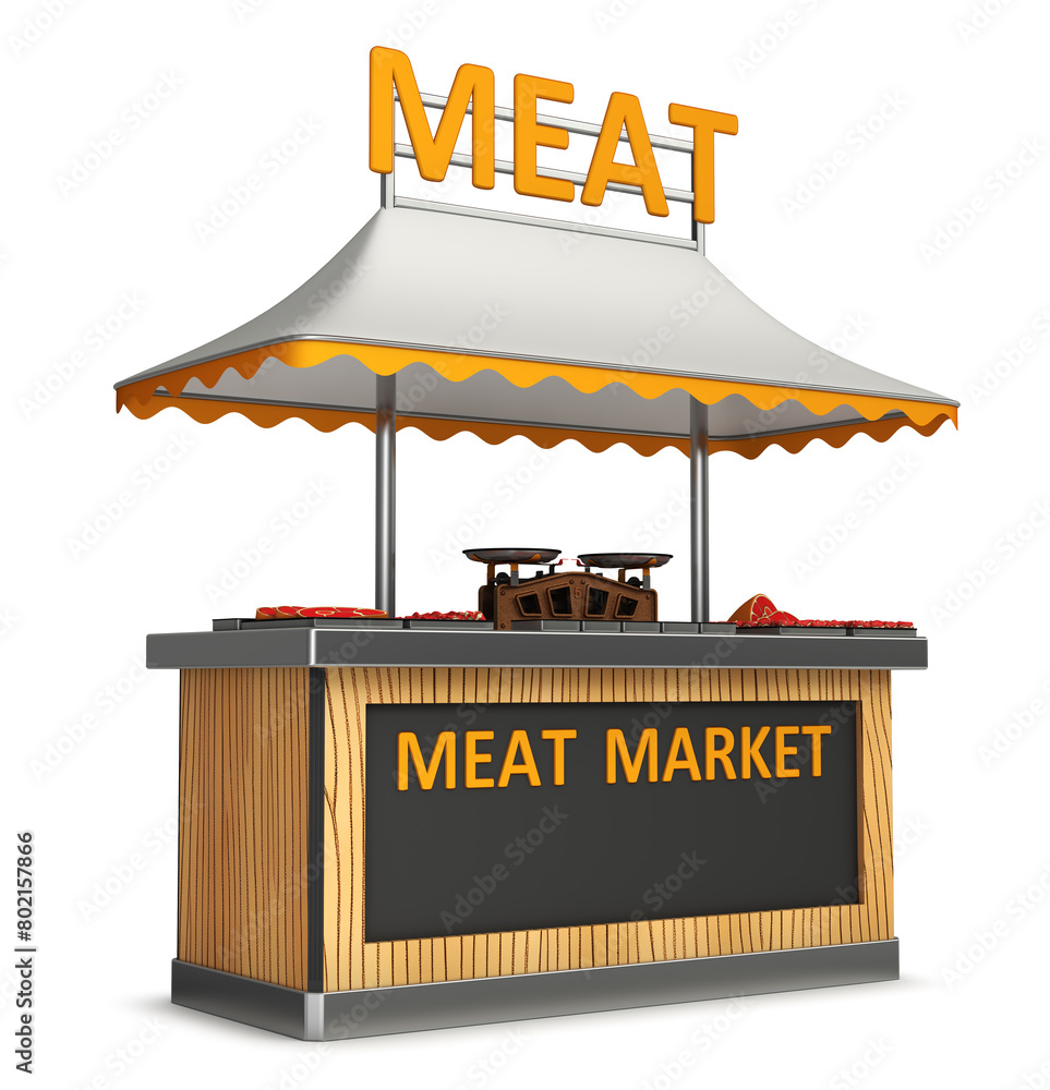 Market wooden stall, fair booth with fresh meats products. 3d canopy ...
