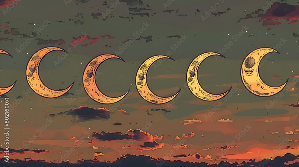 A series of crescent moons are drawn in a row. The moon is drawn in a ...