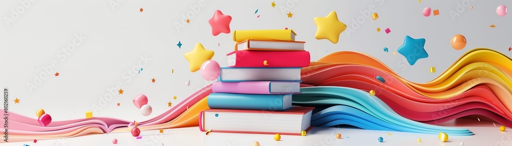 Vibrant 3D graphic of stacked textbooks with interactive icons for ...