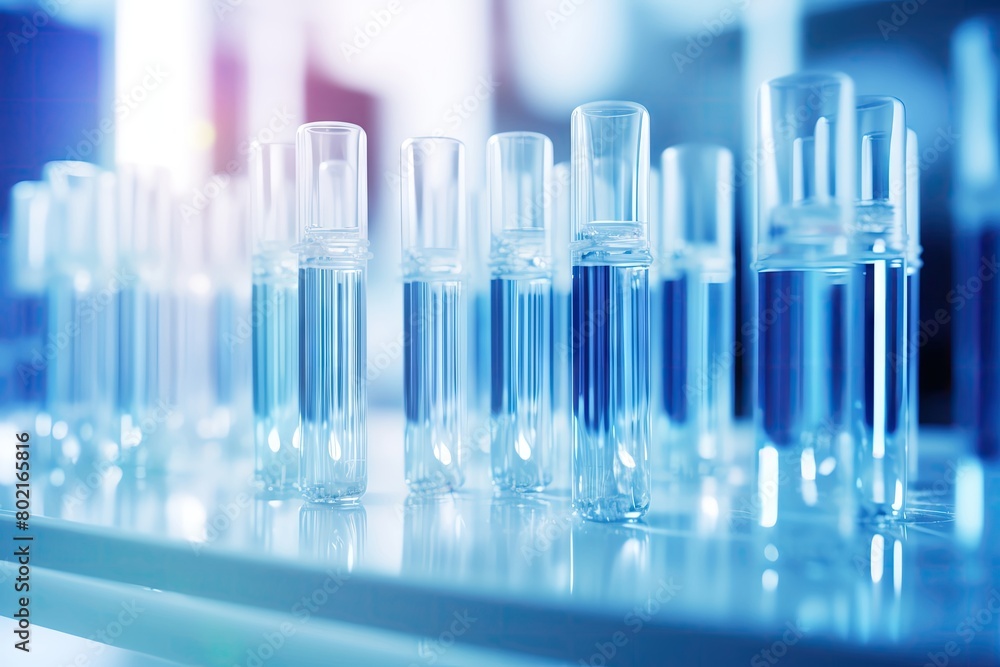 Experiment in progress, close view of pipette and test tubes, blue ...