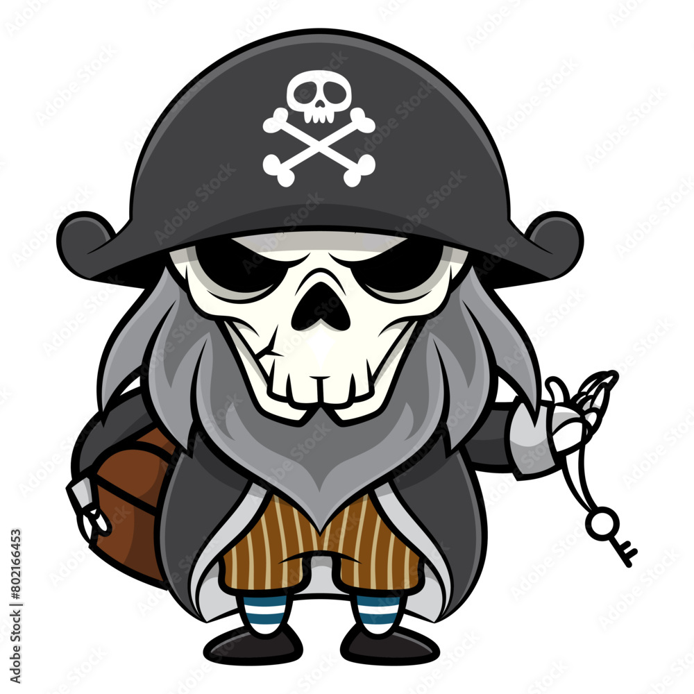Bearded Skeleton wearing pirate cap and uniform. Carrying a treasure ...