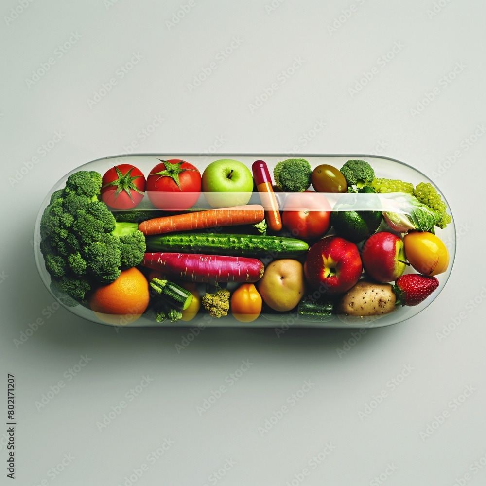 Nutritional supplement capsule filled with vibrant fruits and ...
