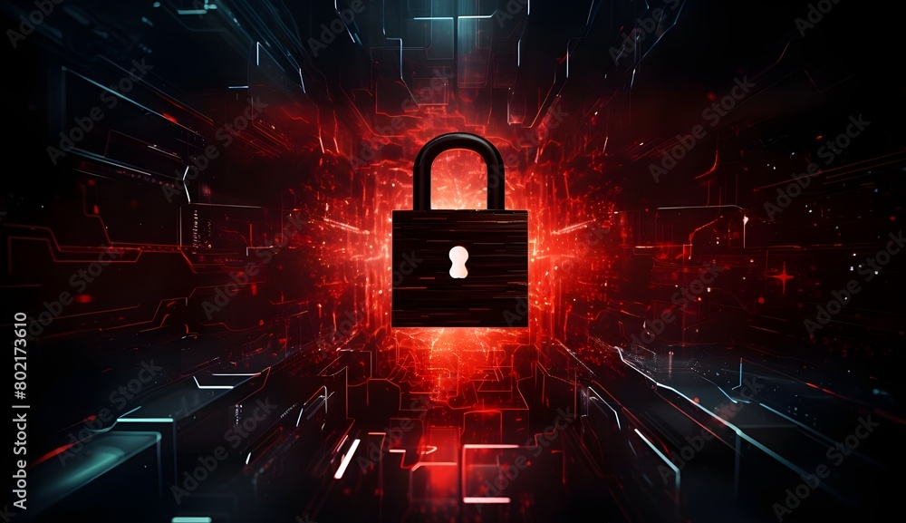 Digital red padlock icon on dark background with binary code and data flow cabinet, cyber ...