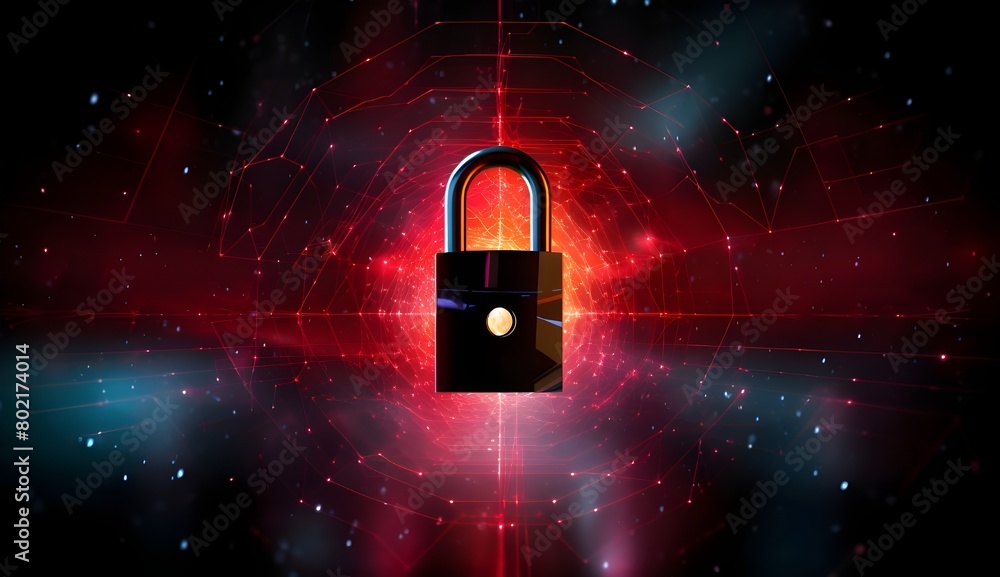 Digital red padlock icon on dark background with binary code and data flow cabinet, cyber ...