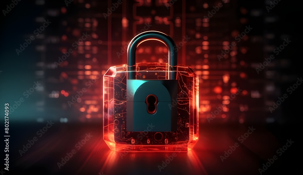 Digital red padlock icon on dark background with binary code and data ...