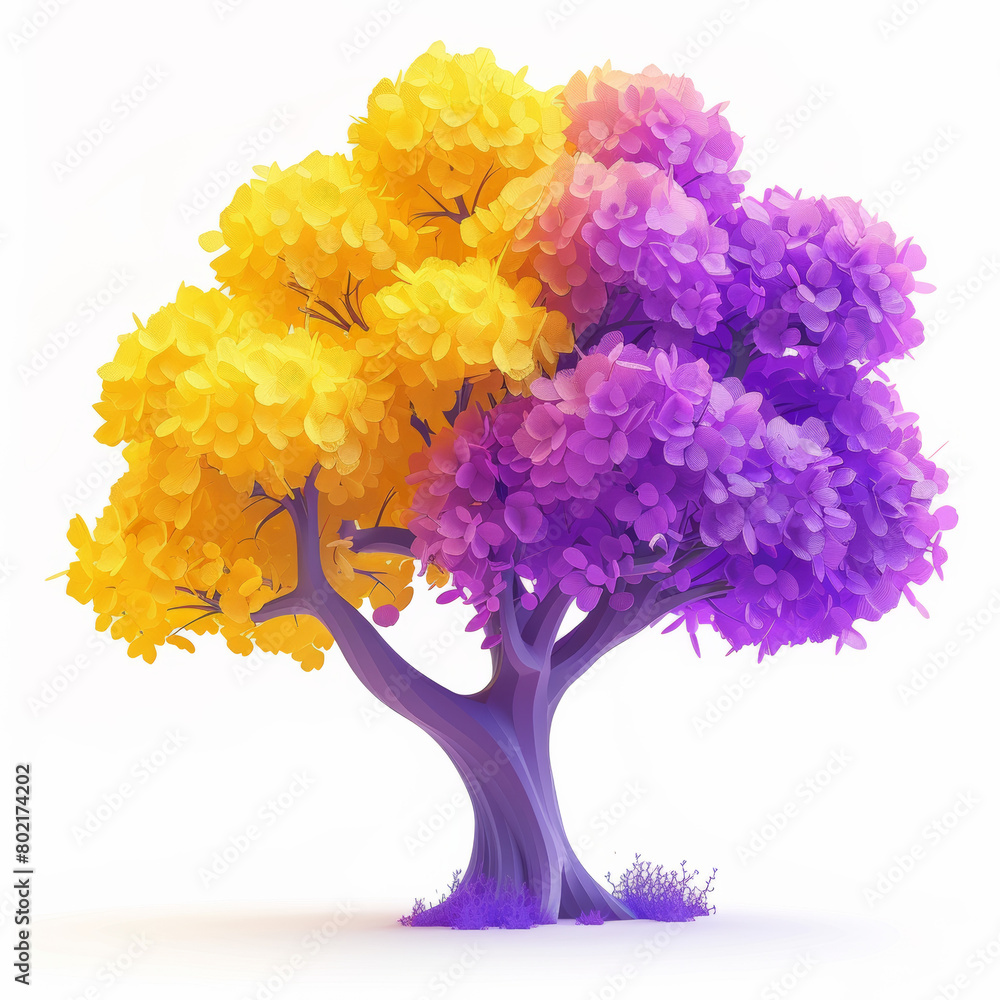 A cartoon tree with half yellow leaves and half purple leaves, clip art ...