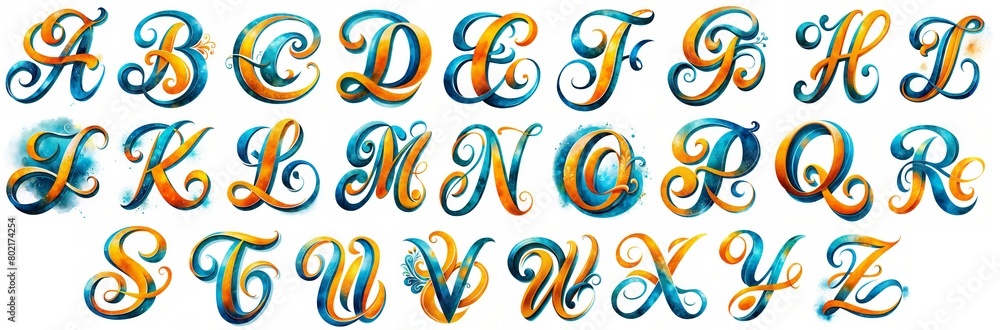 All English alphabet letters with beautiful blue and orange calligraphy ...