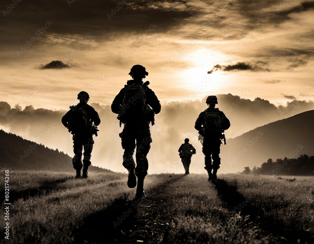 Armored soldiers during a military operation fighting for freedom at ...