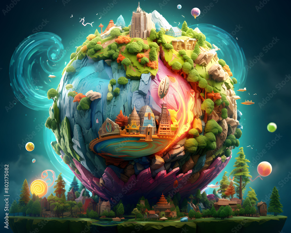 3d fantasy planet earth in colorful, rainbow, pastel color, childlike ...