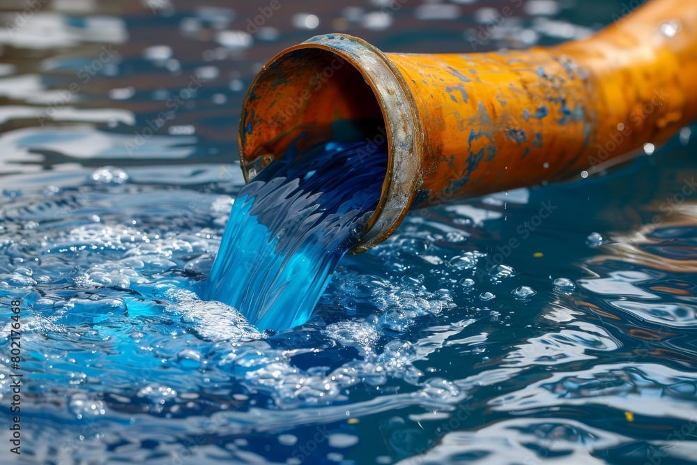 Blue water being dumped into a larger body of water from a pipe. Stock ...