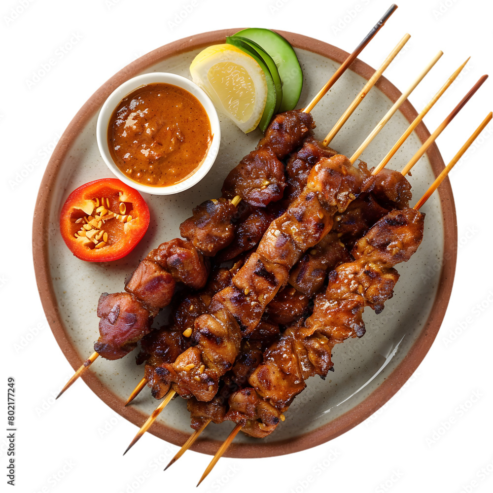 Sate Ayam (Chicken Satay) Food Dish top view isolated on a transparent ...