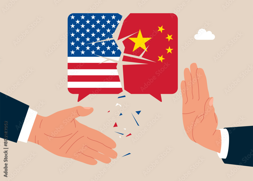 Conflict with two opposing trading partners USA and China. Symbol of ...