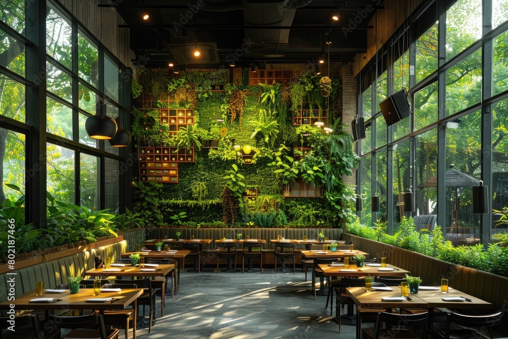 Rustic eco-friendly cafe interior design with plants. Restaurant view ...