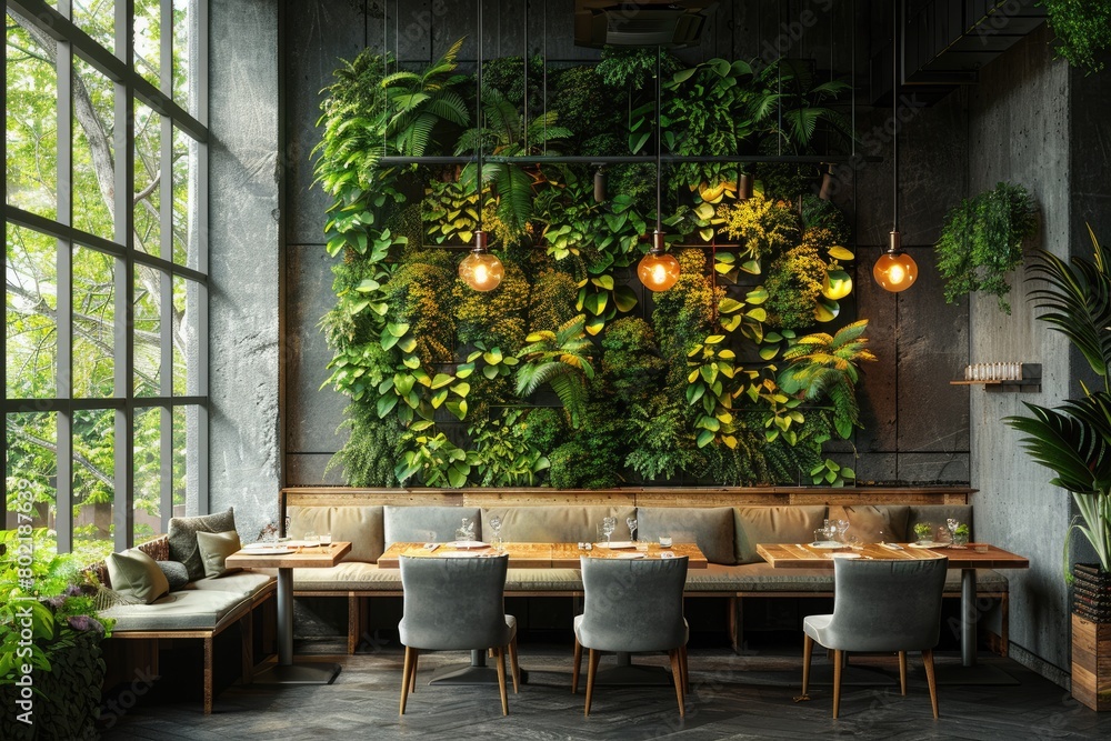 Rustic eco-friendly cafe interior design with plants. Restaurant view ...