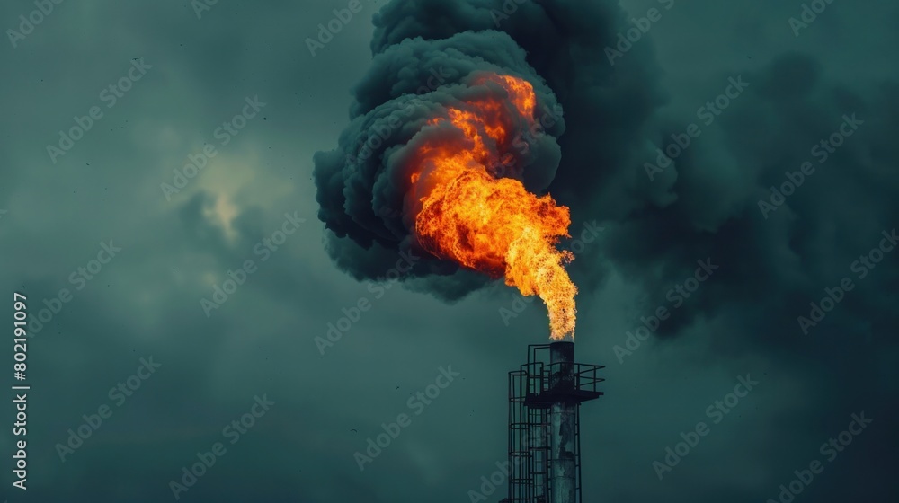 Burning gas torch with thick poisonous smoke. Gas processing and oil ...