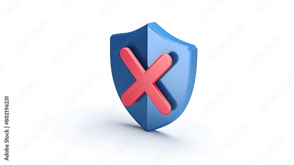 cartoon 3d Icon safety shield x mark perspective . Blue symbol security ...