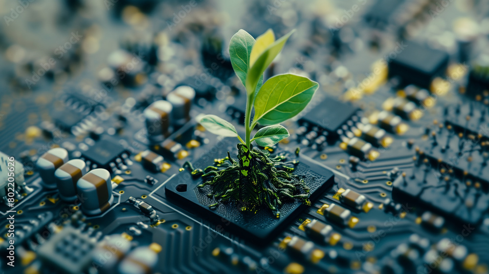 A plant growing out of a computer motherboard, representing the fusion ...