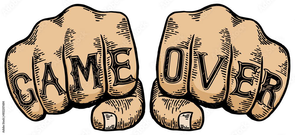 Game over words tattoo on fists font color sketch engraving PNG ...