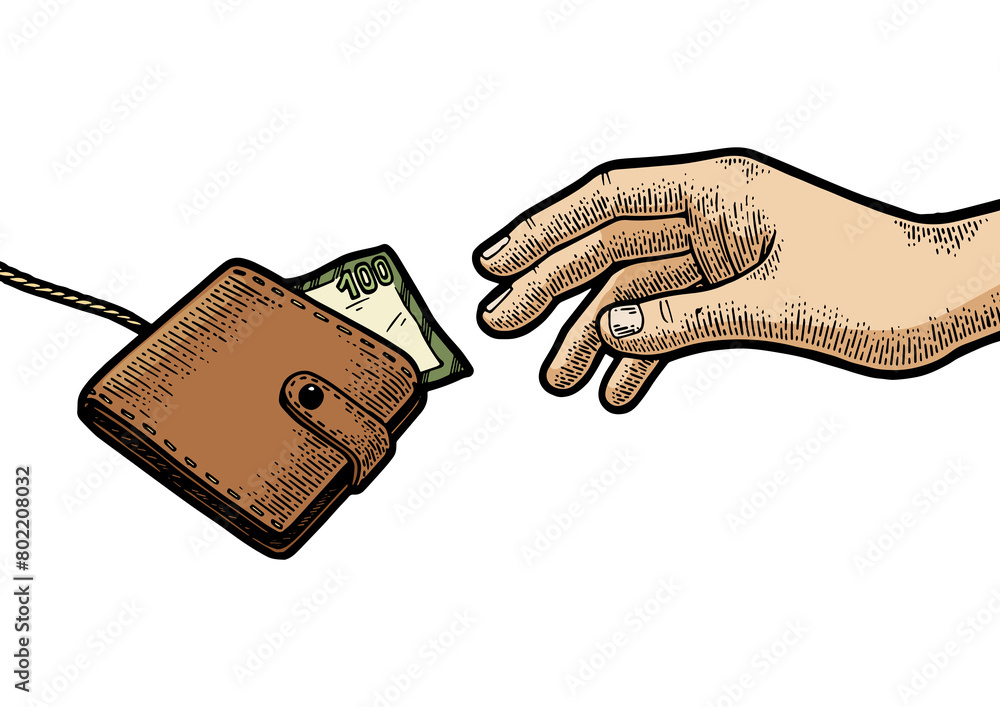 Hand is trying to grab catch purse wallet with money on rope string ...