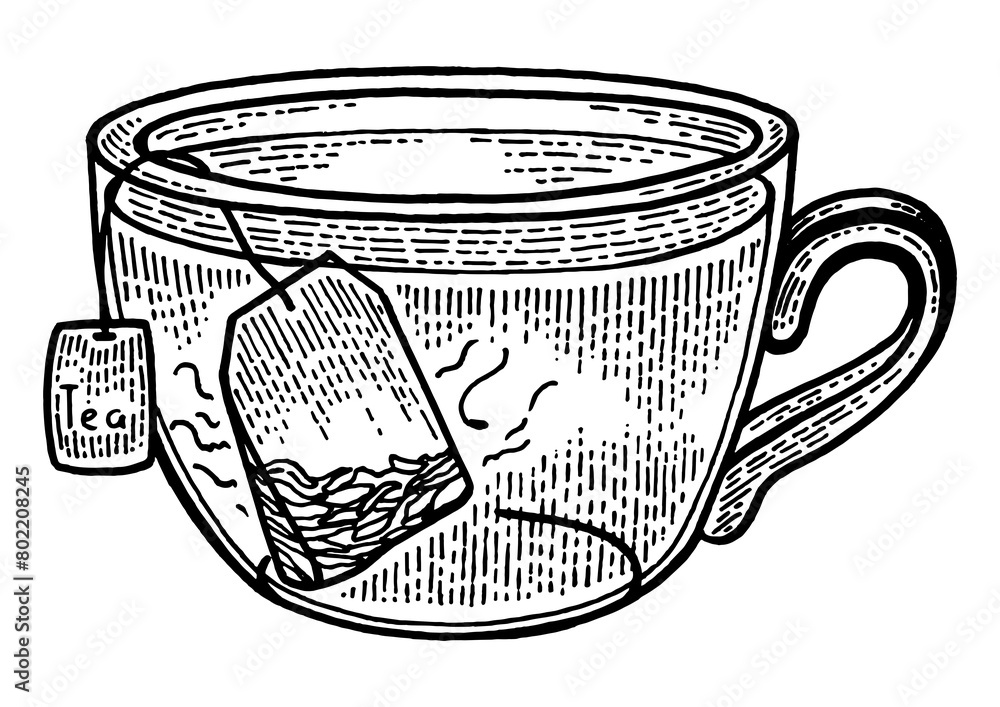 Cup of tea with tea bag sketch engraving PNG illustration. Scratch ...