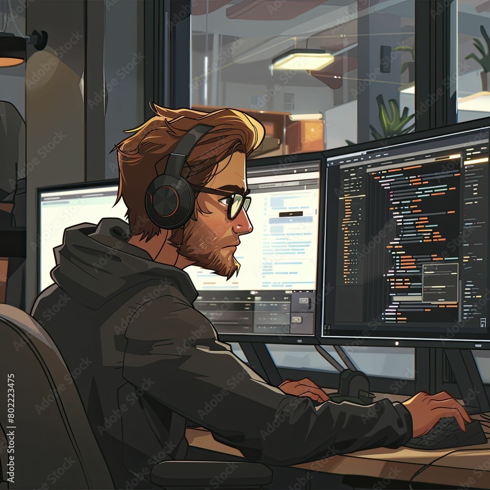 Software developer at dual monitors, coding process in focus, modern ... Software developer at dual monitors, coding process in focus, modern ...