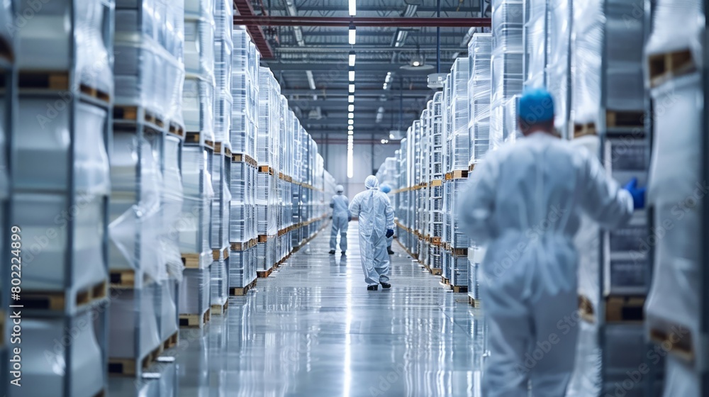 Biotech supply chain depicted with figures in sterile attire inspecting ...