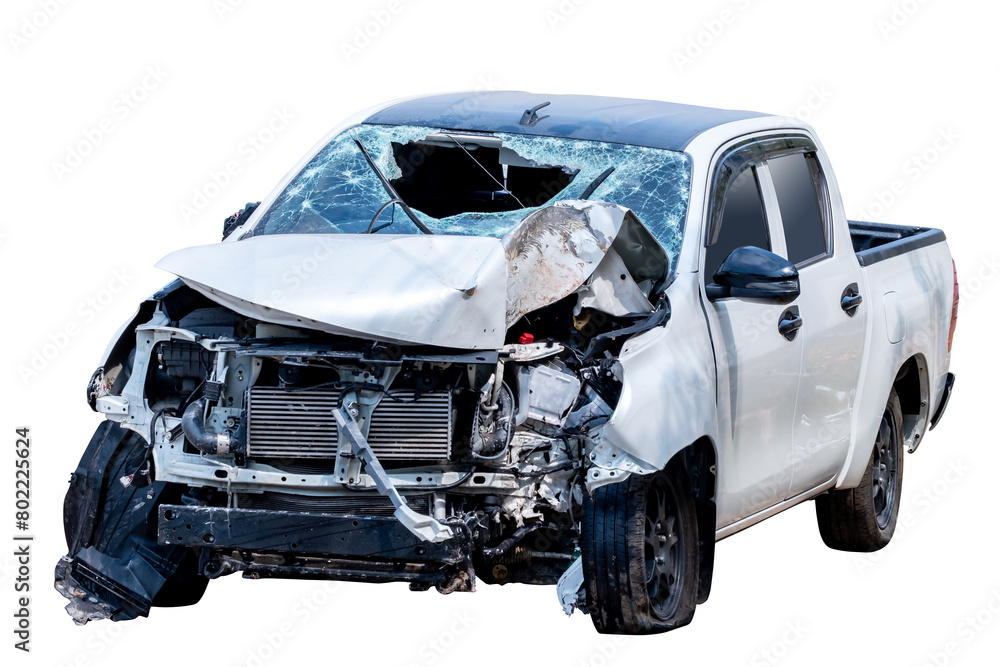 Front and side view of white or bronze pickup car get damaged by ...