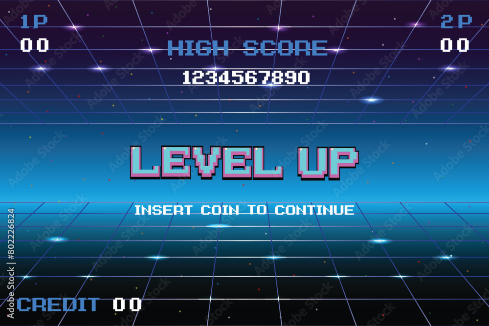 LEVEL UP. insert coin to continue. Synthwave wireframe net illustration ...