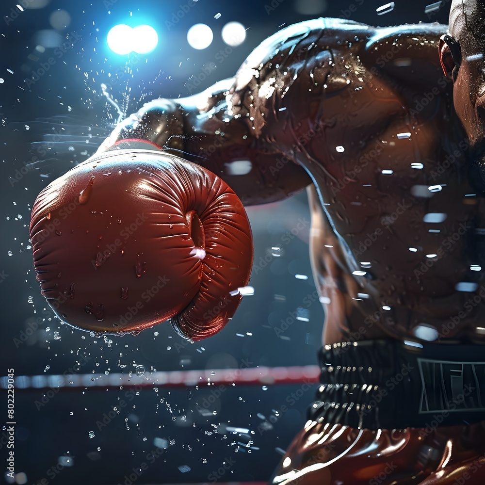 Intense Closeup of Boxer in Action Amid Flashing Lights and Splashing ...