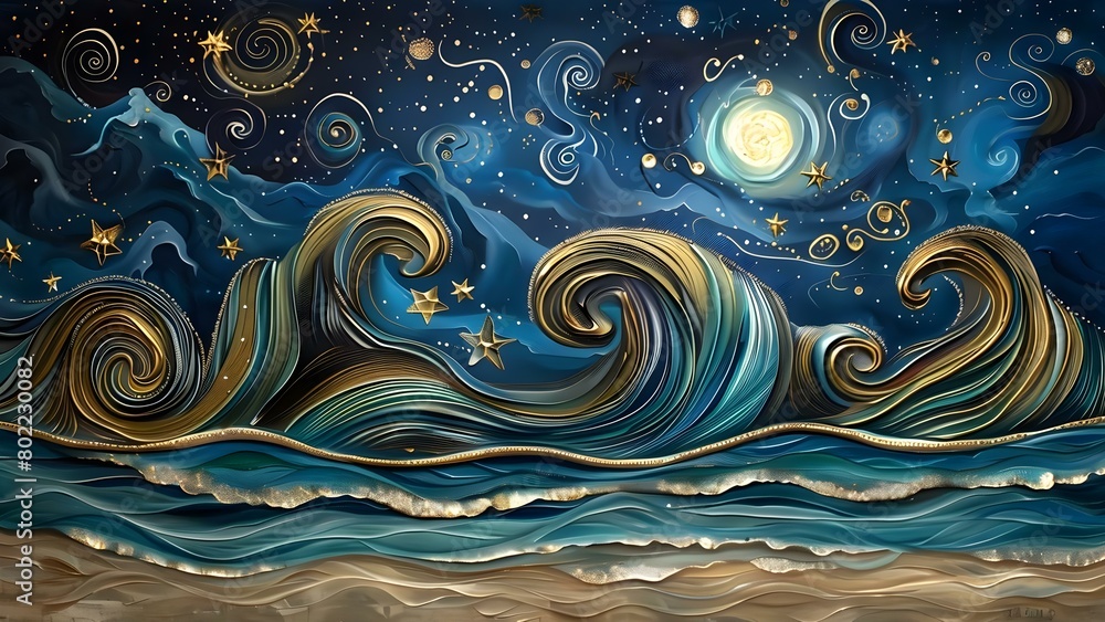 Unique magical ocean waves art painting with blue and gold swirls ...