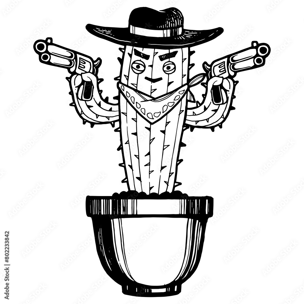 Cartoon mexican cactus character gangster bandit with pistol revolver ...
