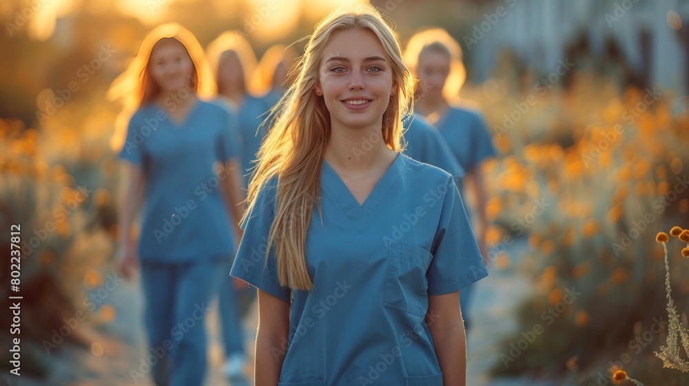 team of medical students young women in scrubs walk together on a ...