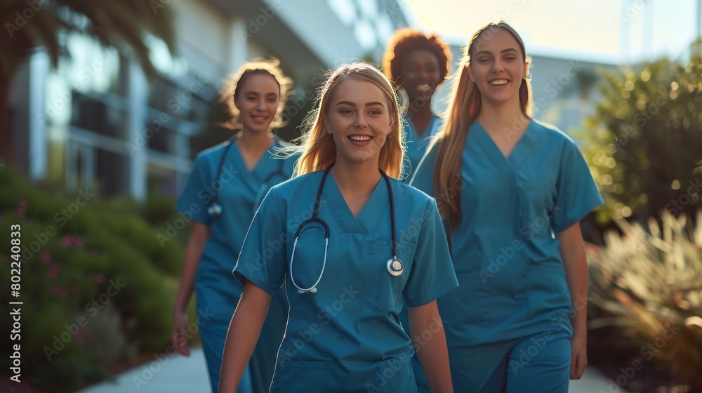 team of medical students young women in scrubs walk together on a ...