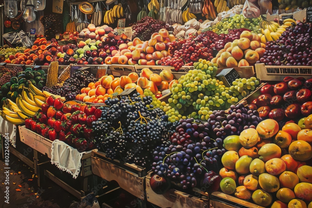 Illustrate a panoramic view of a bustling farmers market overflowing ...