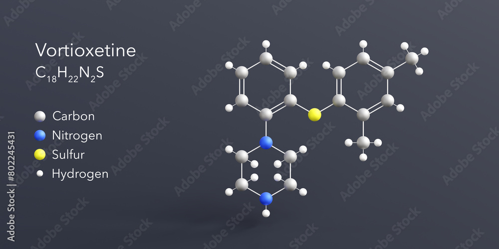 vortioxetine molecule 3d rendering, flat molecular structure with ...