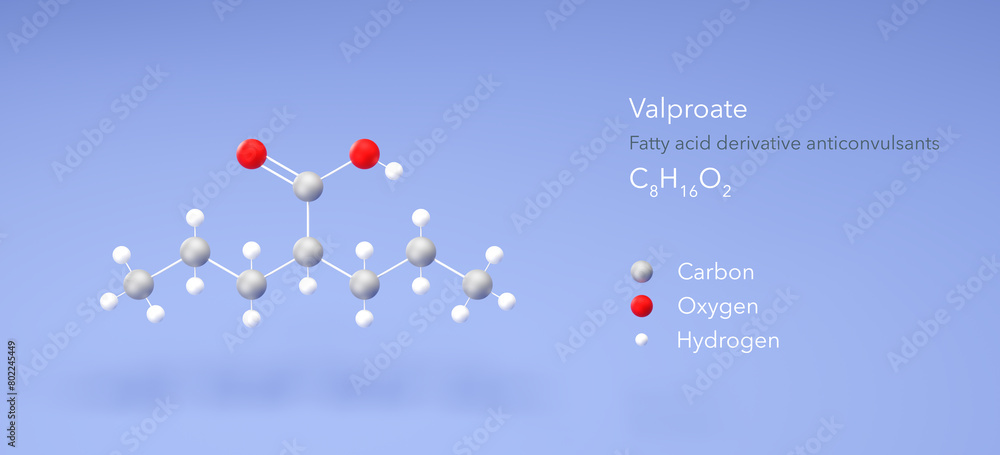 valproate molecule, molecular structures, valproic acid, 3d model ...