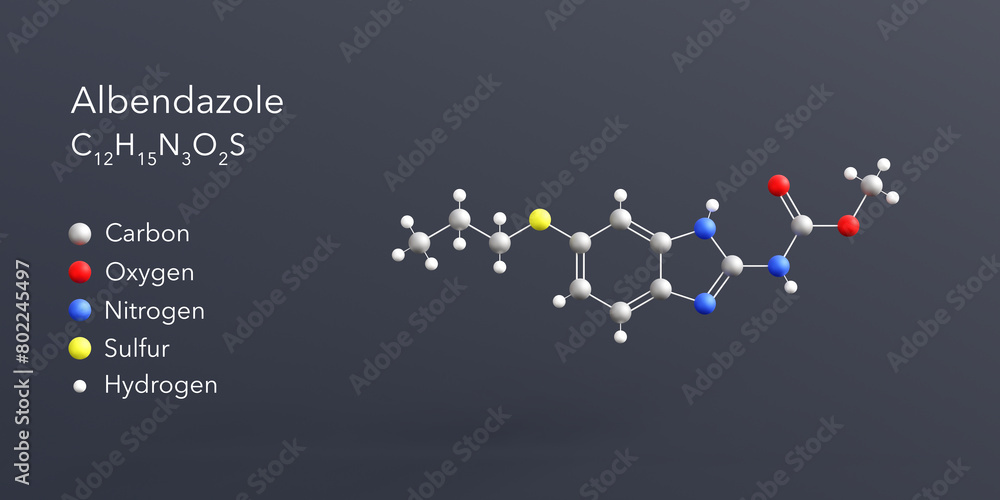 albendazole molecule 3d rendering, flat molecular structure with ...