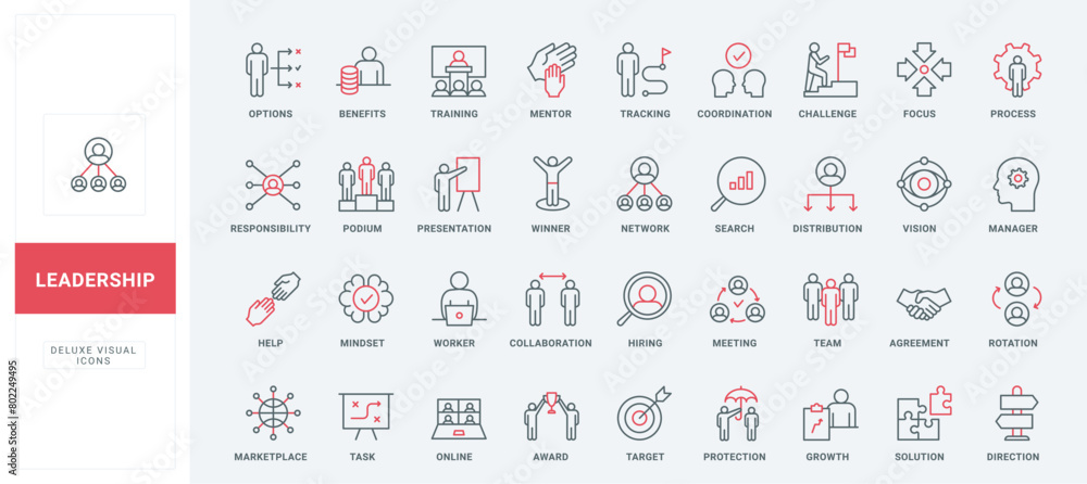 Leadership and business leaders options line icons set. Career ...