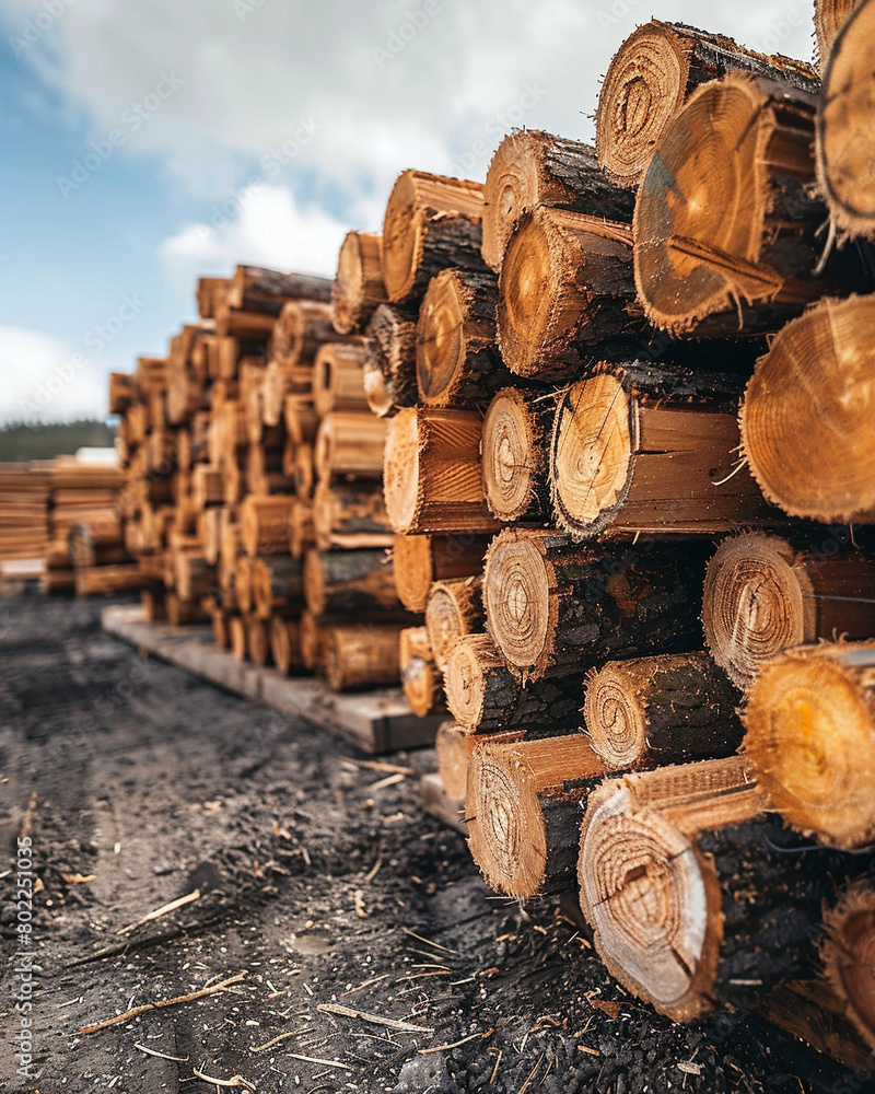 Precisioncut timber stacks ready for processing in a modern sawmill, focus on texture and ...