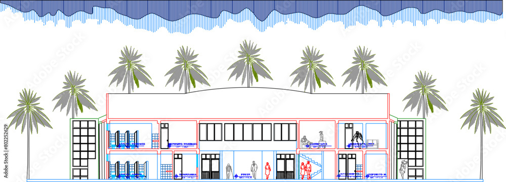 Detailed vector sketch illustration of modern performance hall building ...