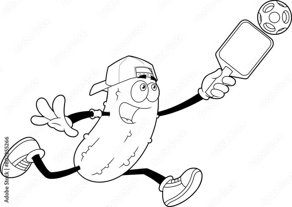 Outlined Funny Pickle Cartoon Character Playing Pickleball. Vector Hand ...