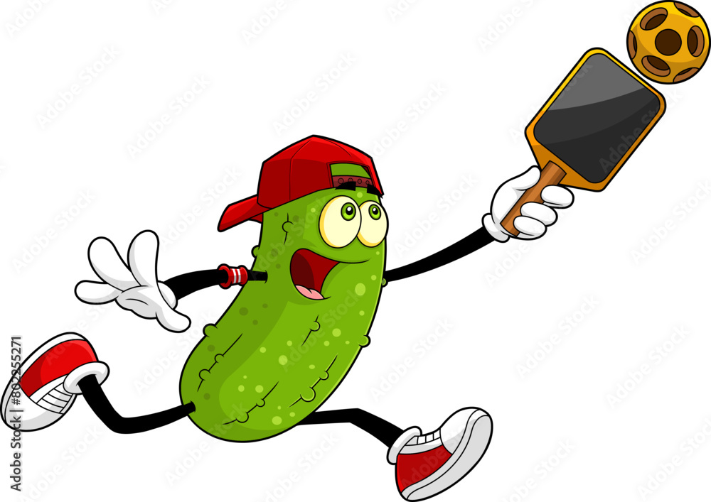 Funny Pickle Cartoon Character Playing Pickleball. Vector Hand Drawn ...