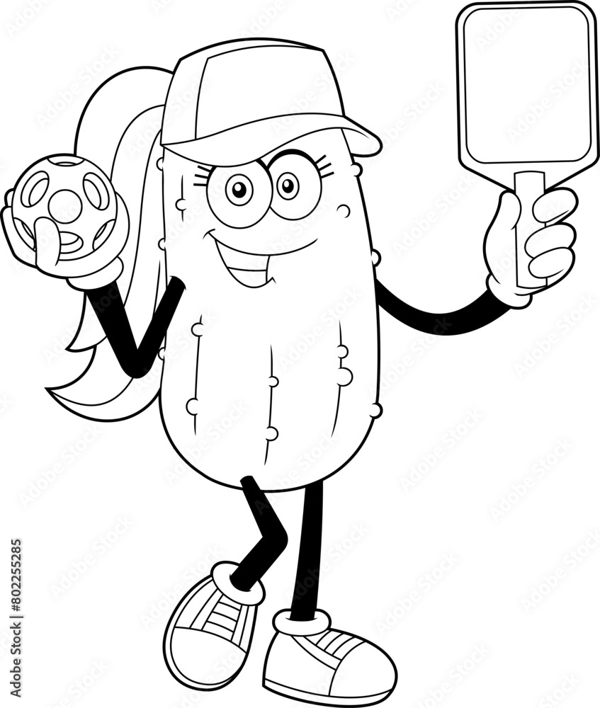 Outlined Cute Pickle Girl Cartoon Character Present Pickleball Sport ...