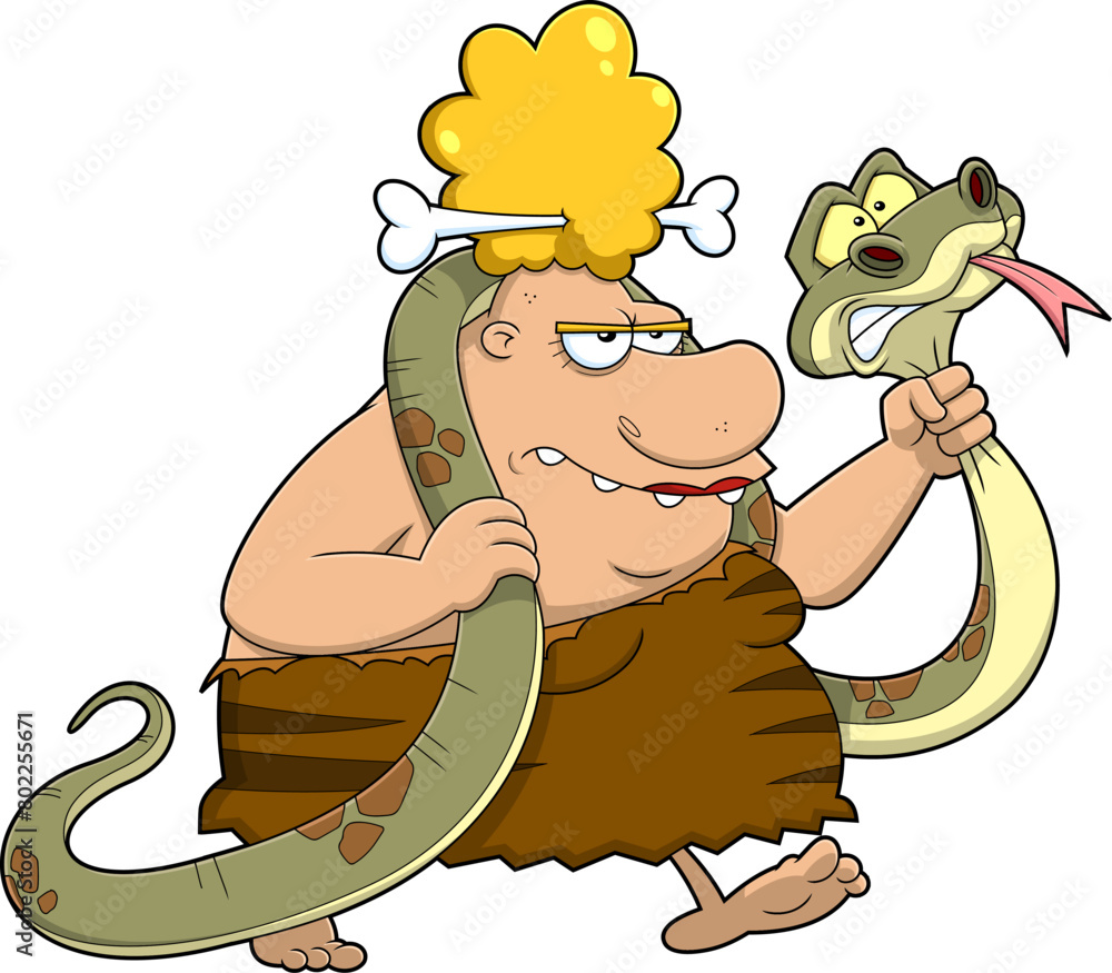Angry Cave Woman Catching A Big Snake Cartoon Characters. Vector Hand ...